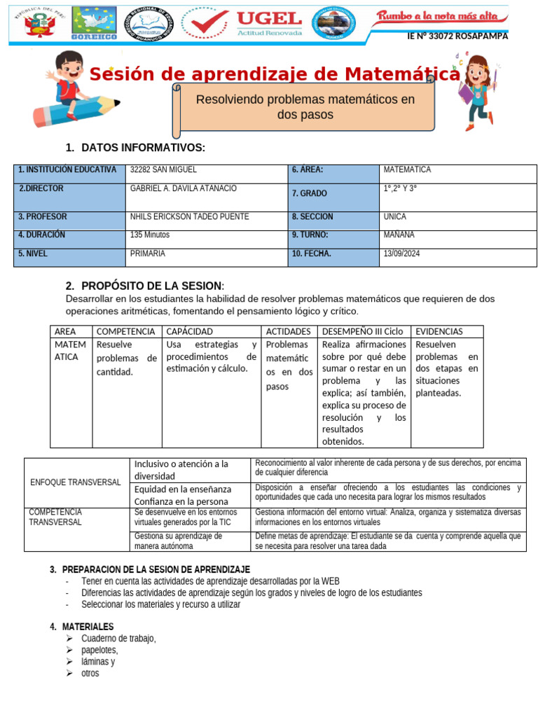 Sesión de Aprendizaje Problemas Con Dos Etapas | PDF