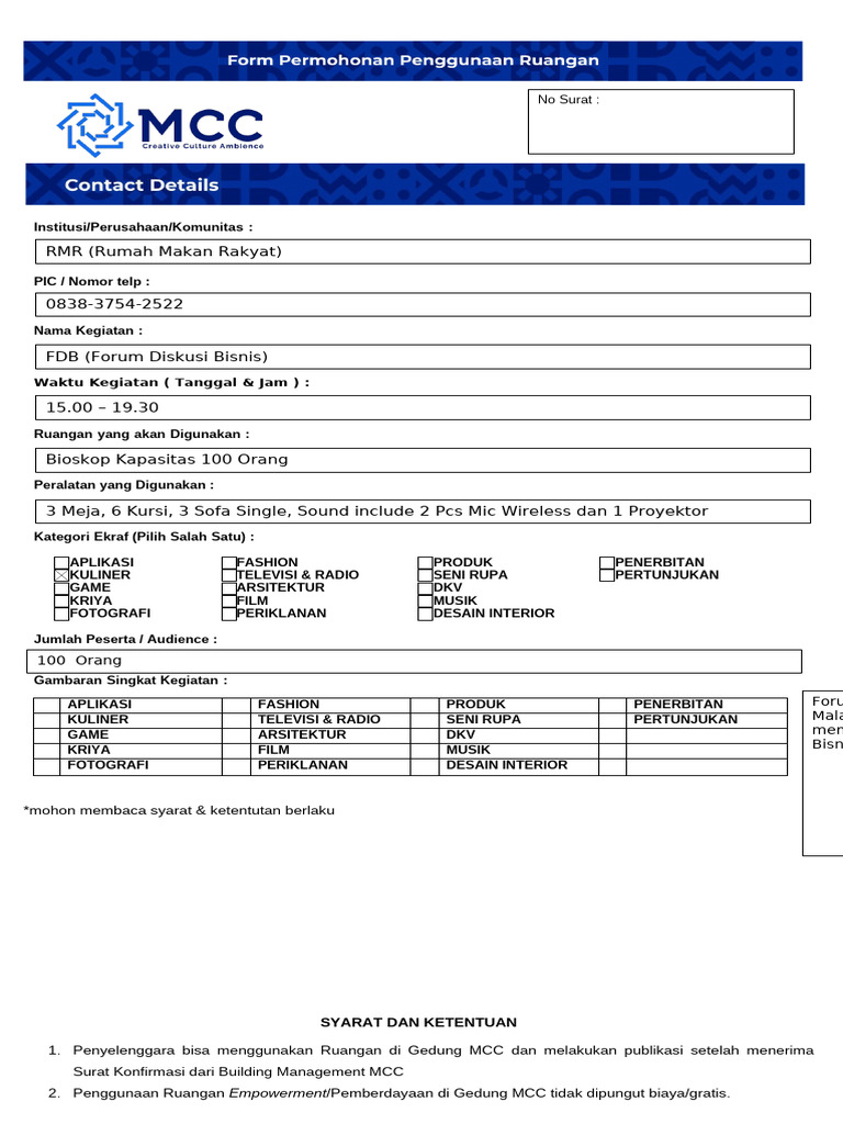 Form Permohonan Penggunaan Ruangan MCC-FIX | PDF