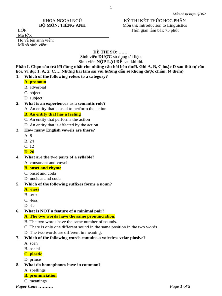 Introduction To Linguistics - SAMPLE TEST | PDF