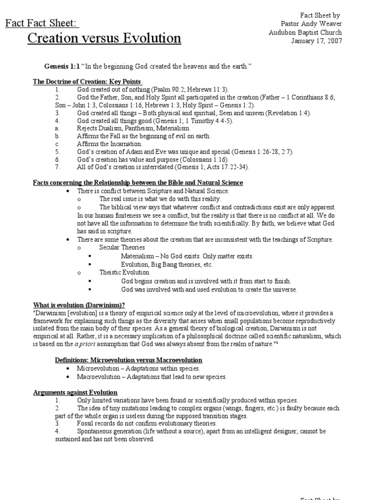 Creation Versus Evolution Fact Sheet 011207 | PDF | Creationism ...