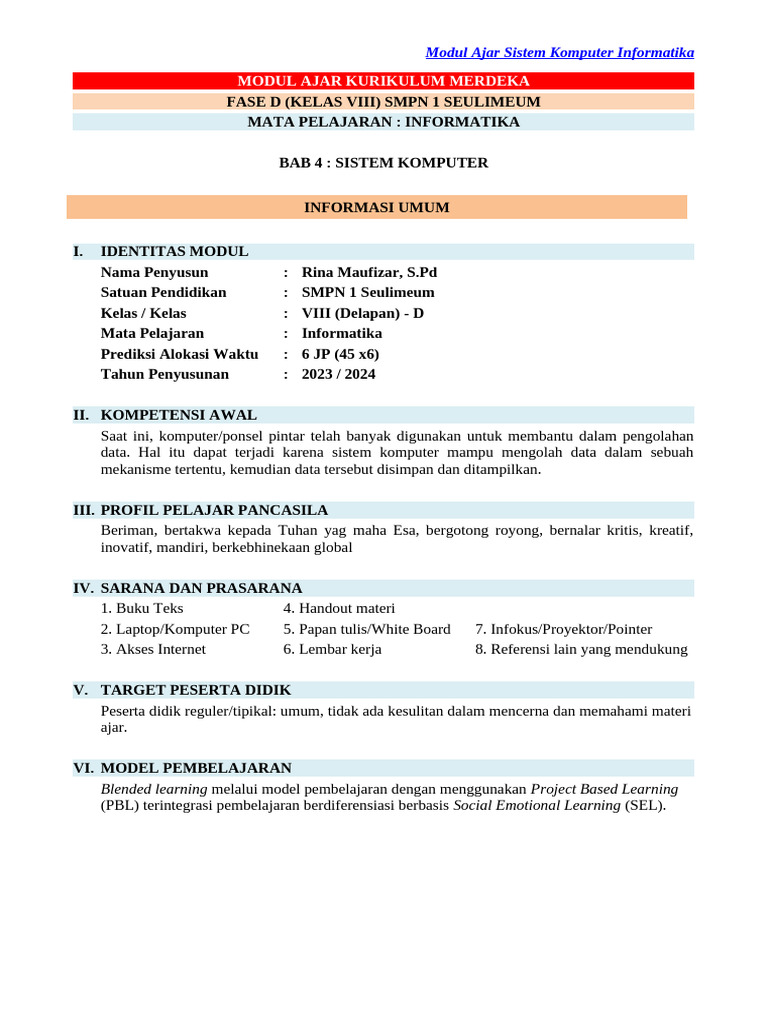 Modul Ajar Informatika Fase D Kelas 8 Bab 4 | PDF