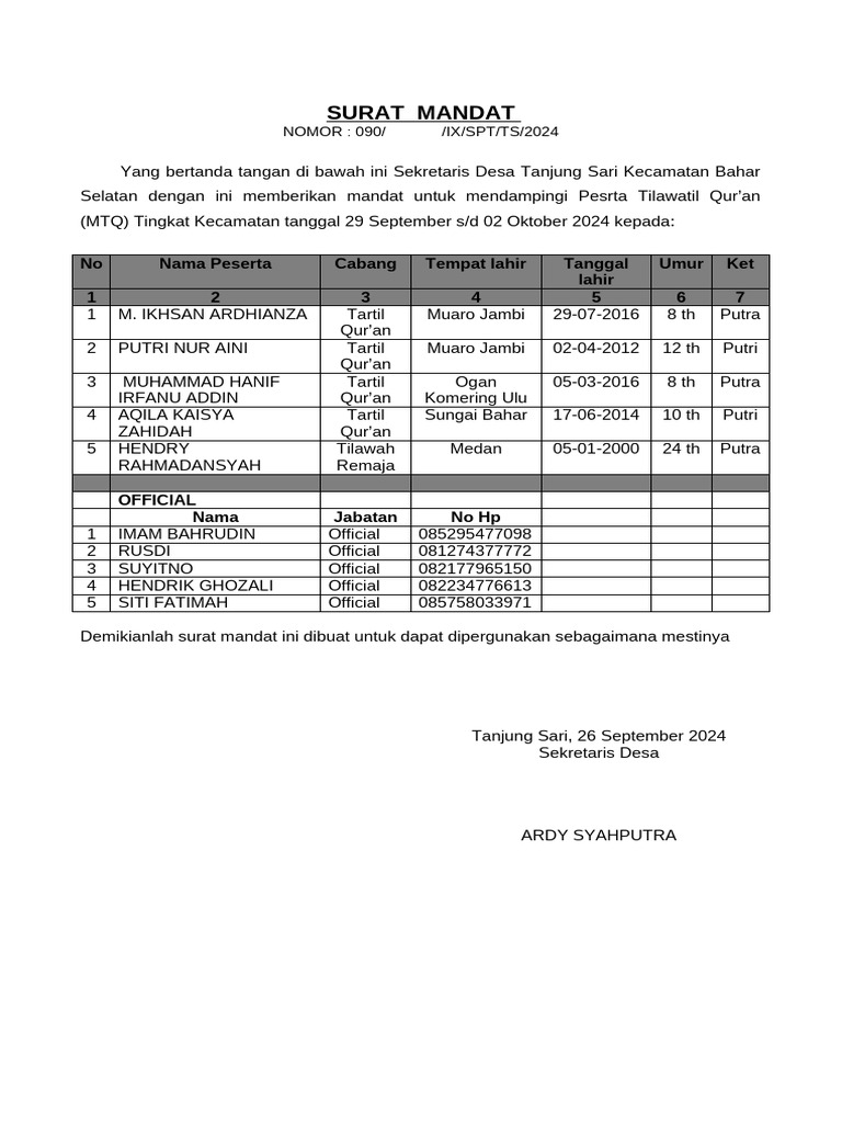 Surat Mandat Lomba MTQ | PDF