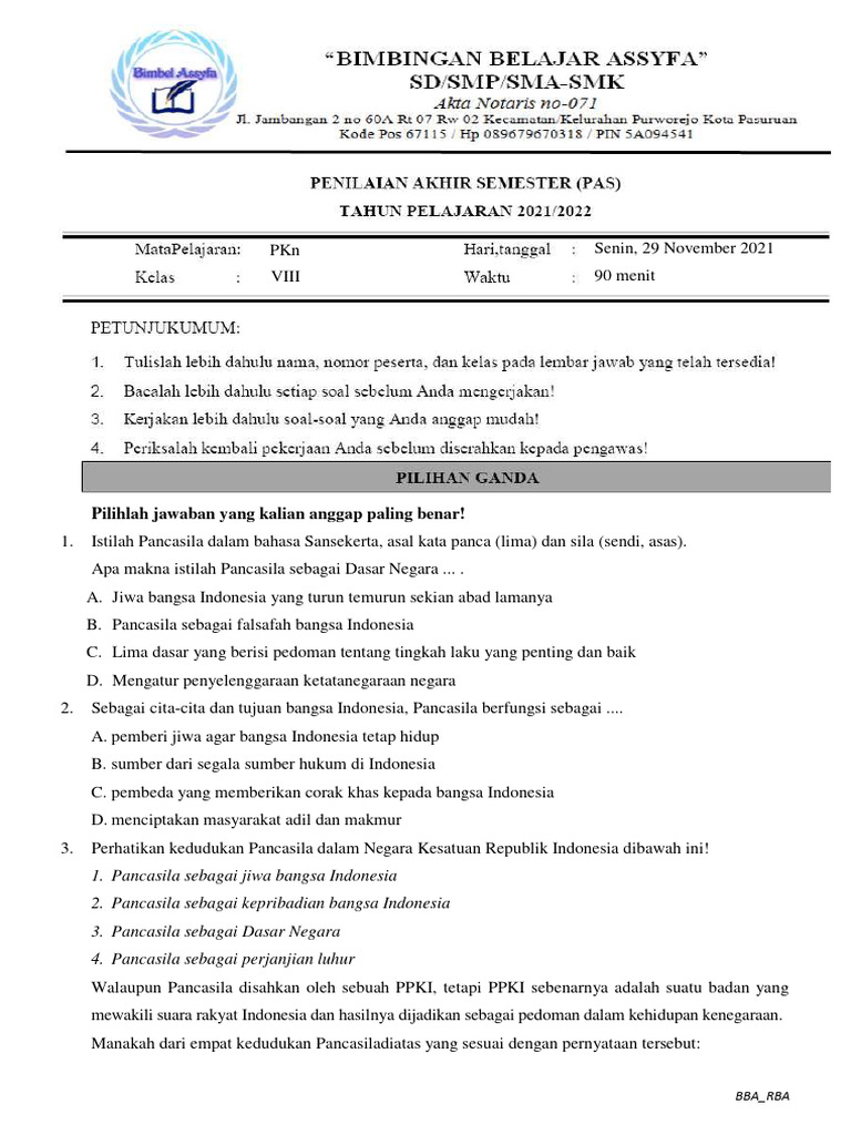 Latihan Soal PAS PKN Kelas 8 K13 Semeste | PDF