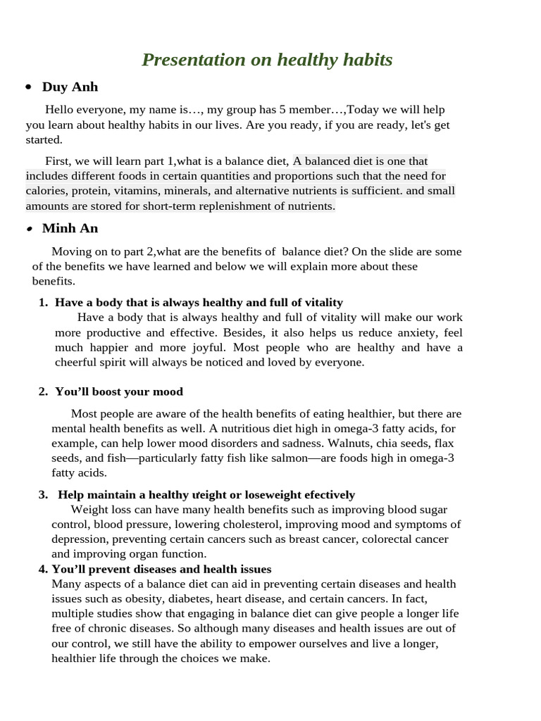 Presentation On Healthy Habits | PDF