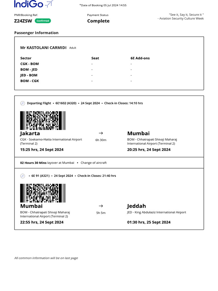 Eticket 24 Sep Pak Asep Indigo 45 Pax | PDF