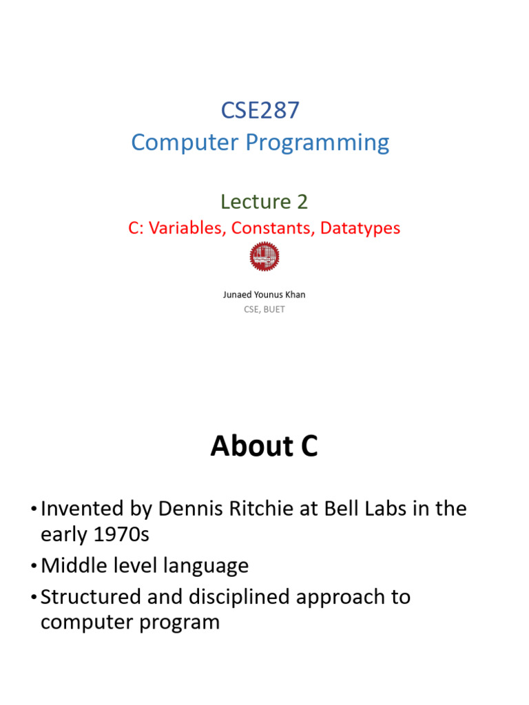 Lecture 02 Variables Constants And Datatypes In C Pdf