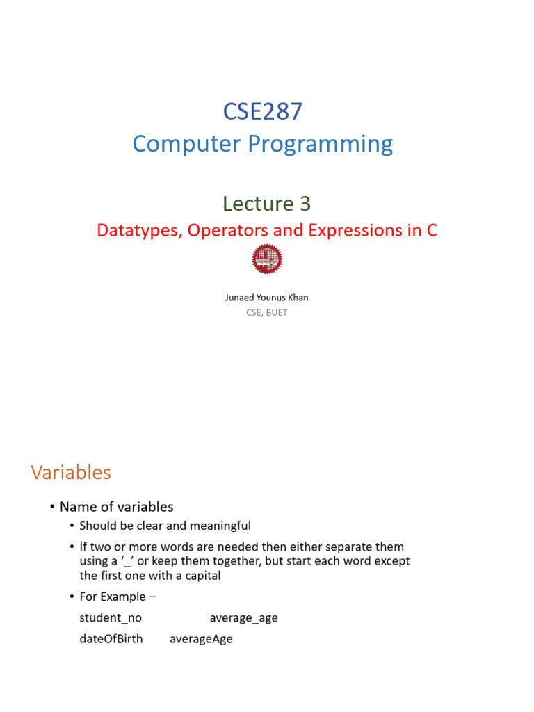 Lecture 03_Datatypes, Operators and Expressions in C | PDF