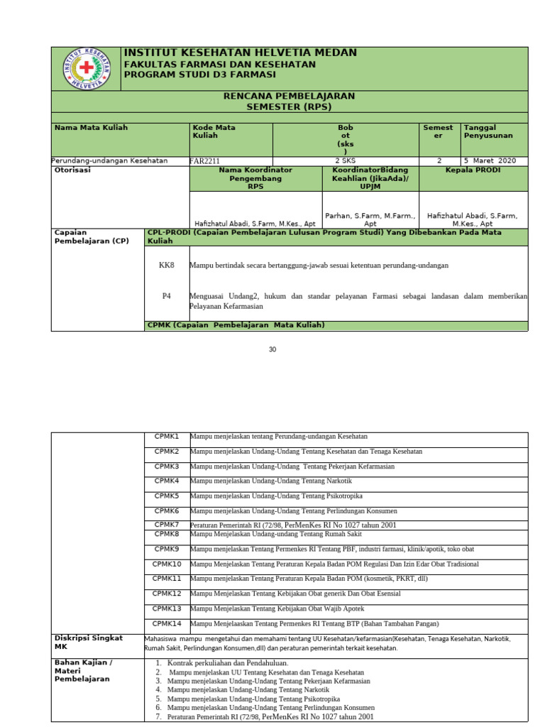 RPS Terbaru Semester Genap 1920 Per Undang2an D3 Far | PDF