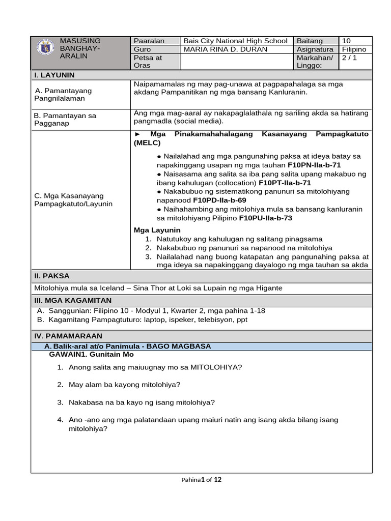 Banghay Aralin Sa Filipino 10 W1 Q2 | PDF