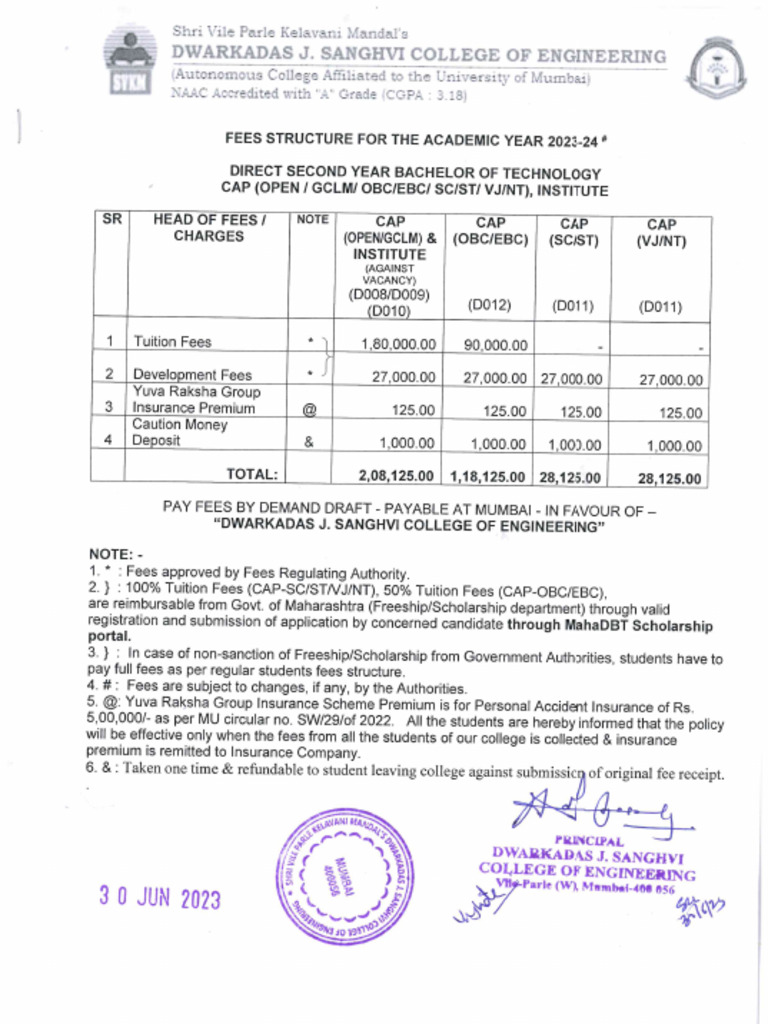 Fees Structure - Direct Second Year B. Tech-23-24 | PDF