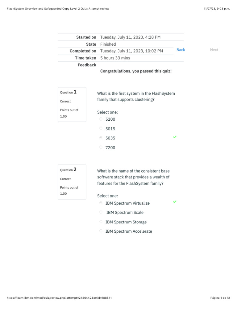 FlashSystem Overview and Safeguarded Copy Level 2 Quiz - Attempt Review 11-07-23 | PDF