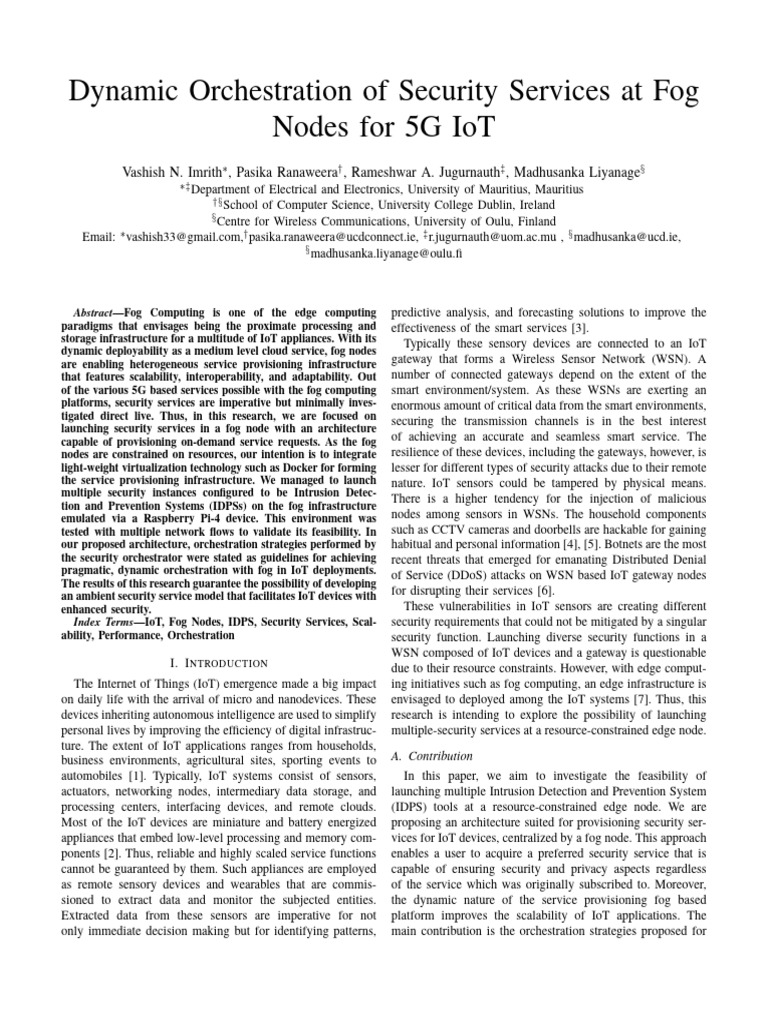 Dynamic Orchestration of Security Services at Fog Nodes For 5G IoT | PDF