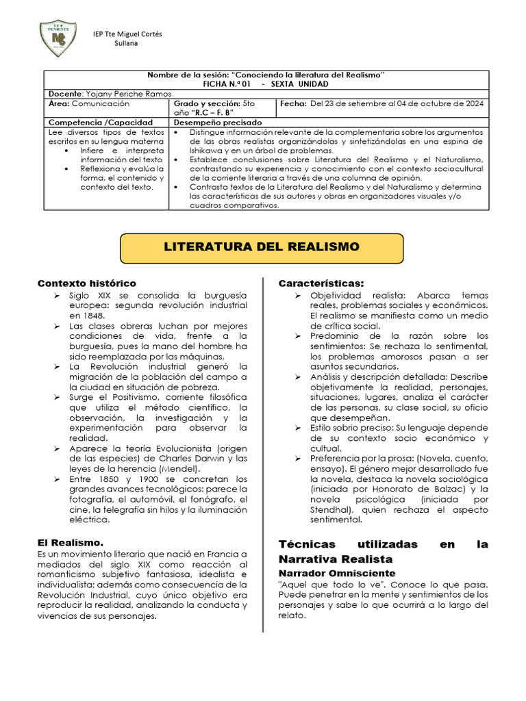 Copia 1° Literatura Del Realismo y Naturalismo 5to Año 2024 | PDF