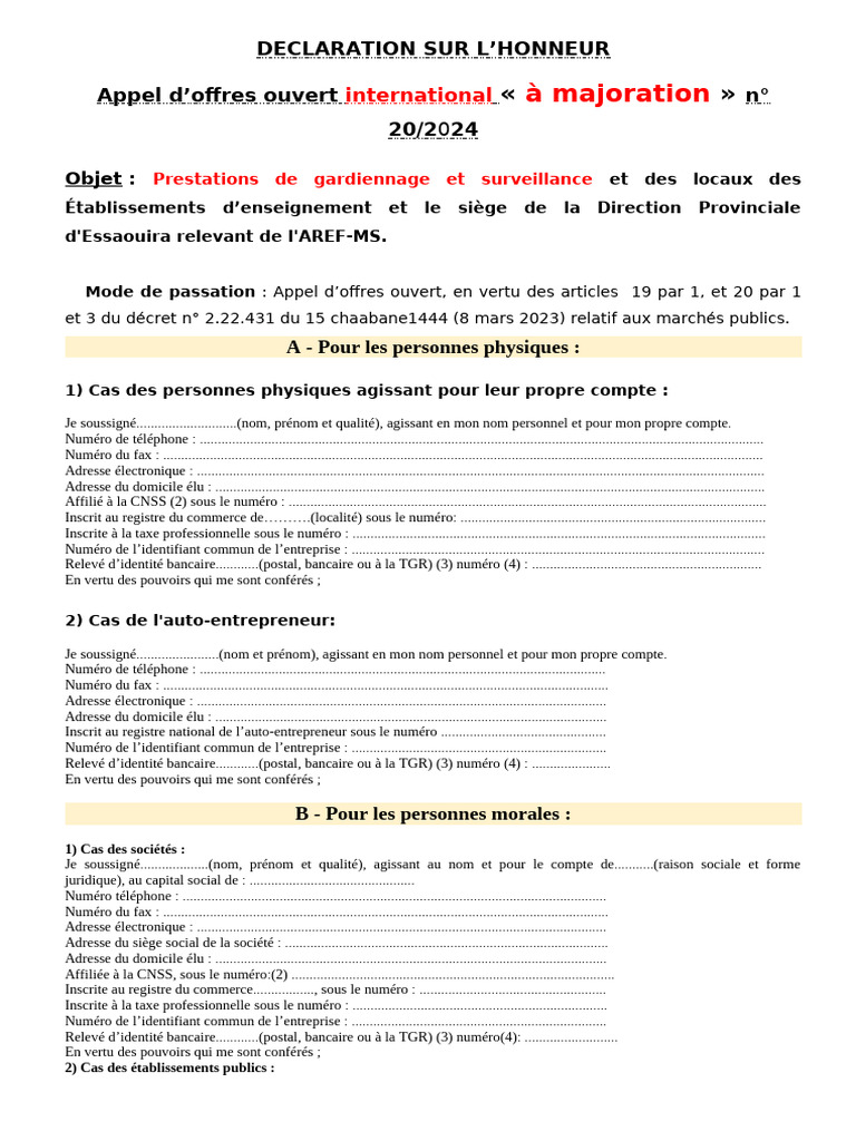 Declaration Sur L'honneur | PDF