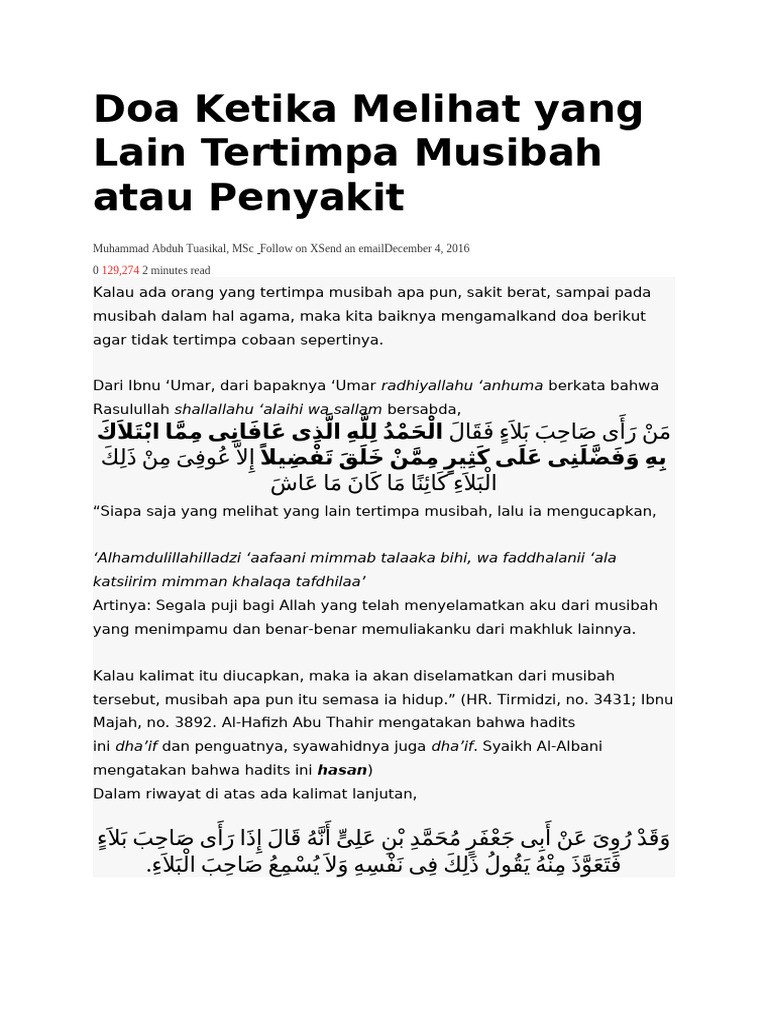Doa Ketika Melihat Yang Lain Tertimpa Musibah Atau Penyakit Pdf