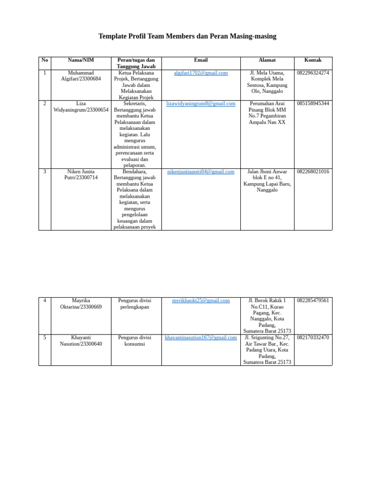 T 4.1 - Template Profil Team Members dan Peran Masing | PDF