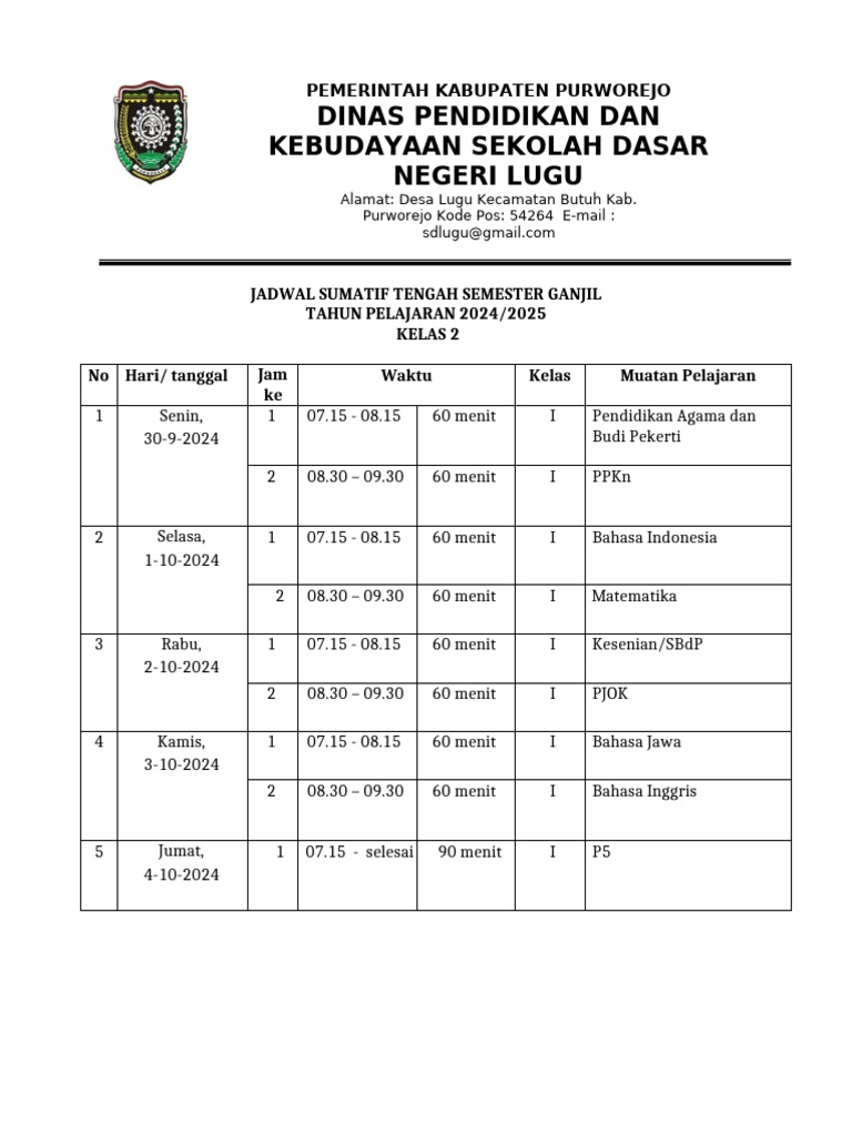 Jadwal Pts - Sts Tapel 2 2024-2025 | PDF