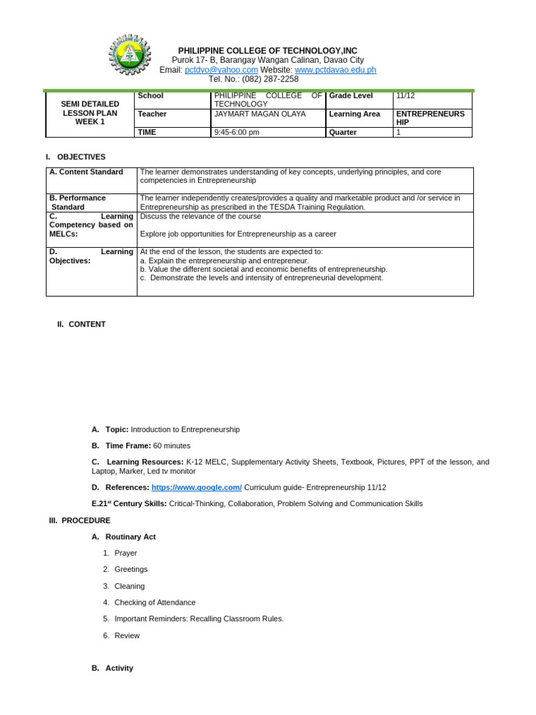 Lesson Plan - Jaymart - Entrepreneurship | PDF