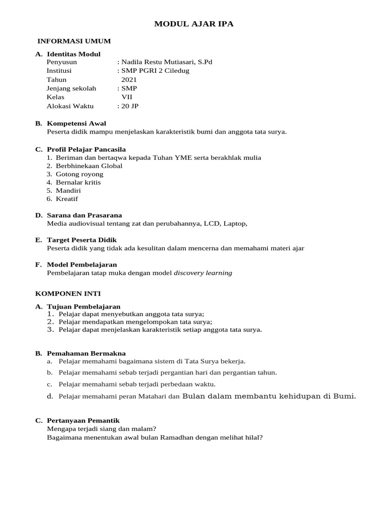 Modul Ajar Ipa Bumi Dan Tata Surya Pdf