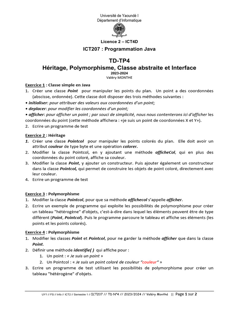 TD-TP 4 ICT207 Heritage Polymorphisme ClasseAbstraite Interface 23-24 | PDF
