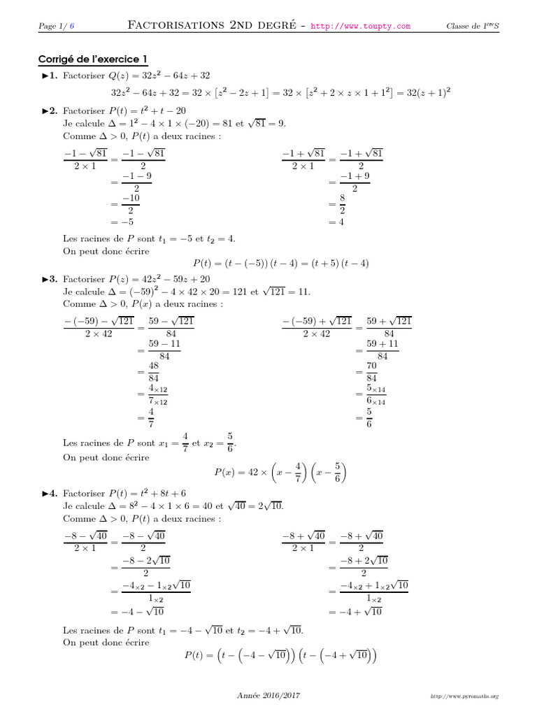 Factorisation Degre 2 1 Corrige | PDF