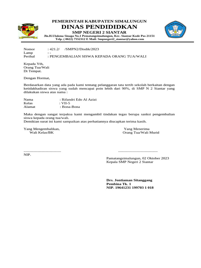 Surat Pengembalian Siswa Ke Orang Tua | PDF