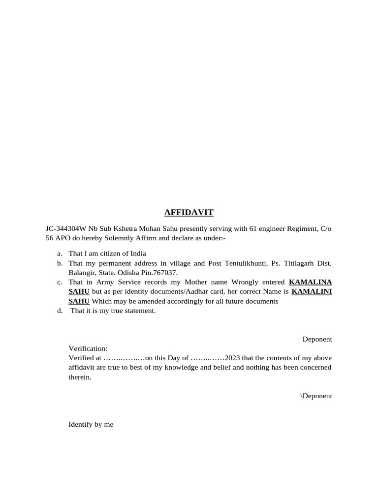 AFFIDAVIT of Army Name Change | PDF