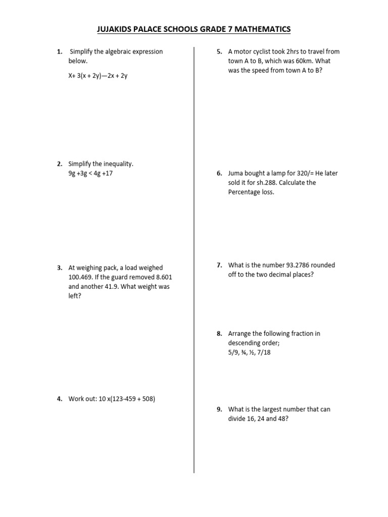 Grade 7 Mathematics Weekend Assignment 20th September 2024 | PDF