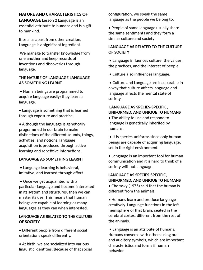 NATURE AND CHARACTERISTICS OF LANGUAGE Lesson 2 Language Is An Essential Attribute To Humans and ...