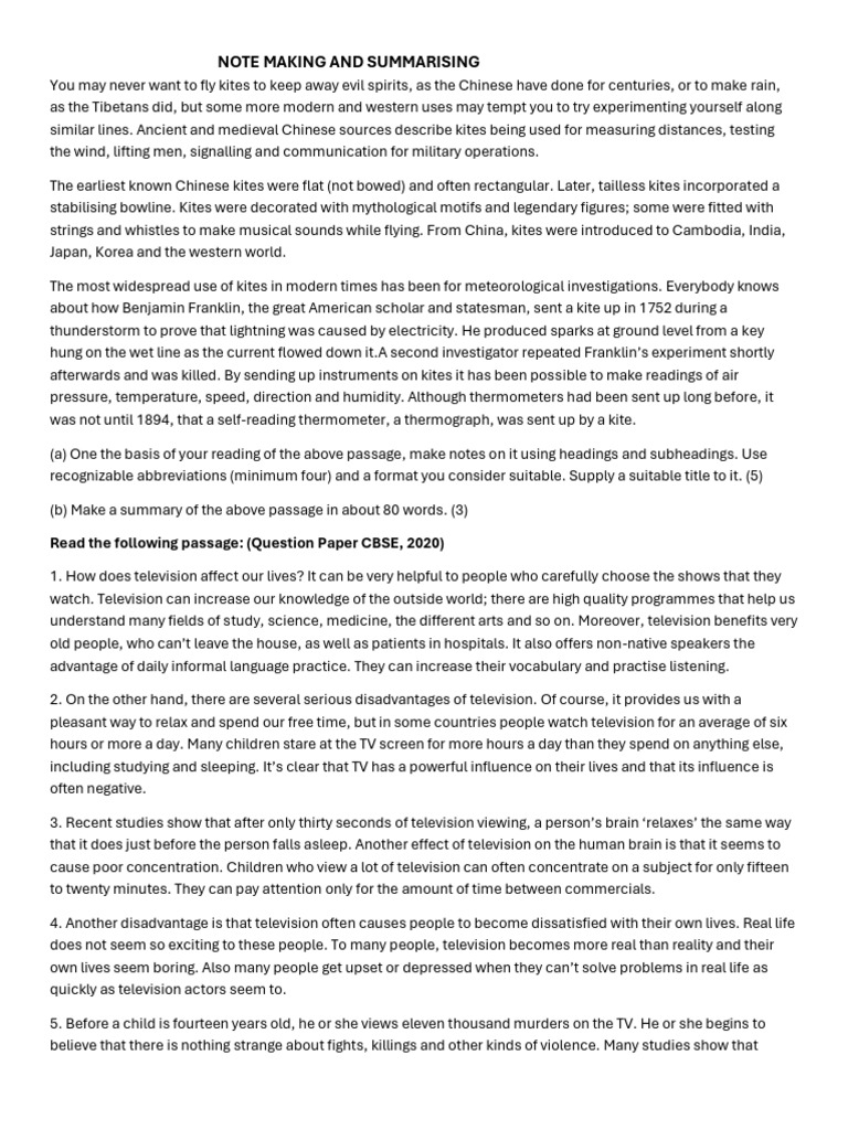 Note Making and Summarising: Read The Following Passage: (Question ...