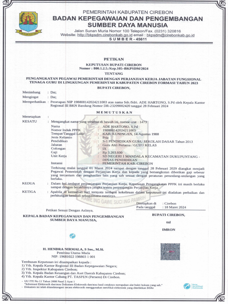 SK - PPPK - ADE HARTONO, S.PD - SDN 1 MANDALA | PDF