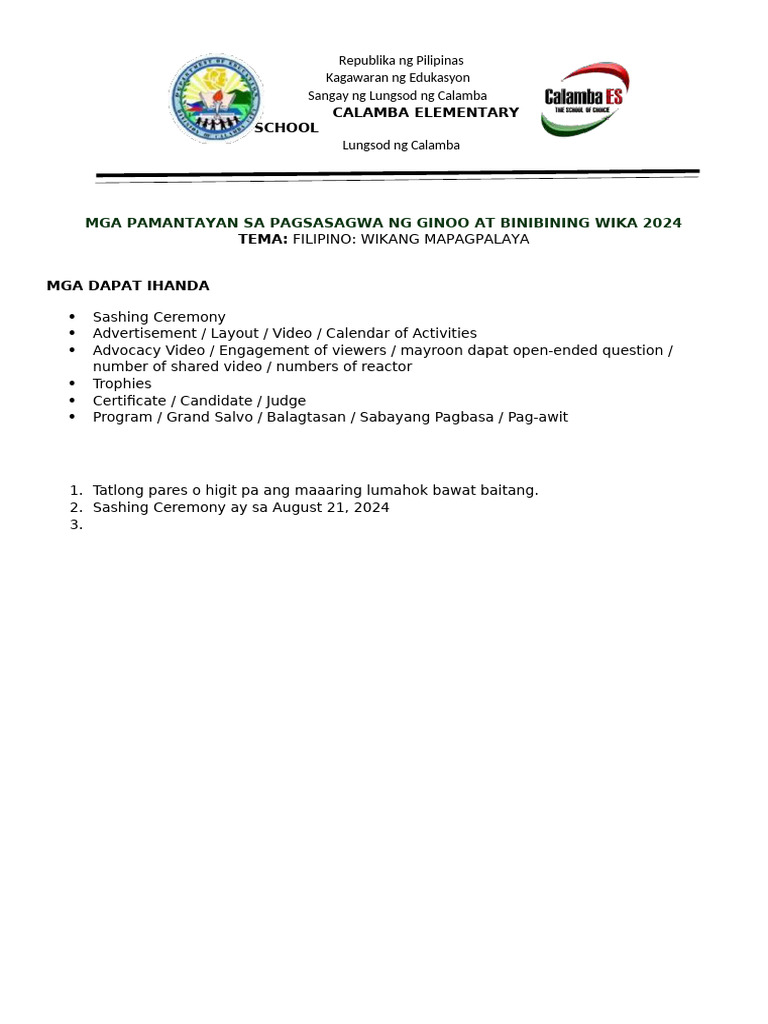 Mga Pamantayan Sa Pagsasagwa NG Ginoo at Binibining Wika 2024 | PDF