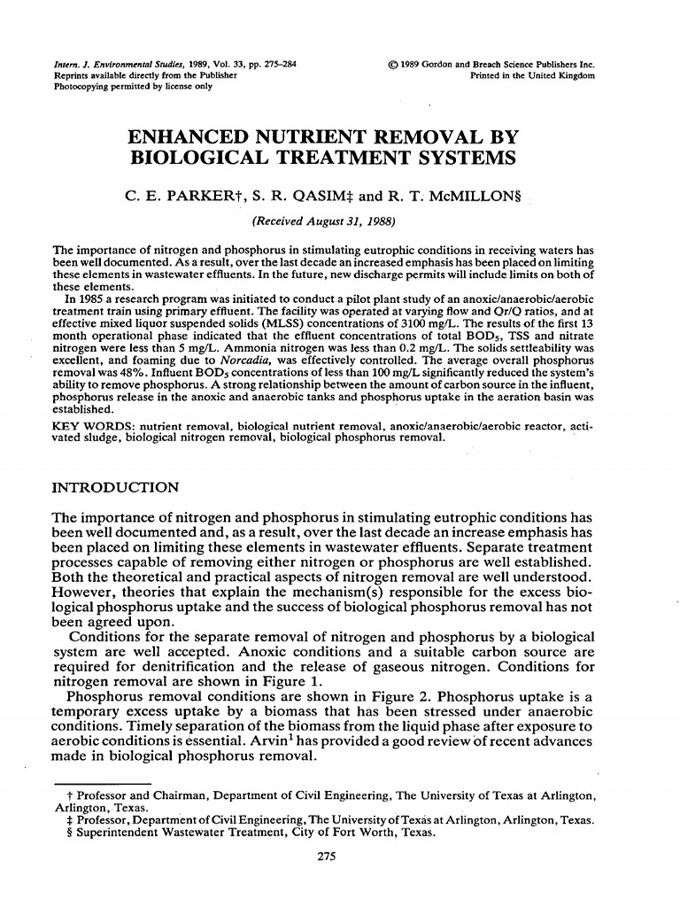 Enhanced Nutrient Removal by Biological Treatment | PDF