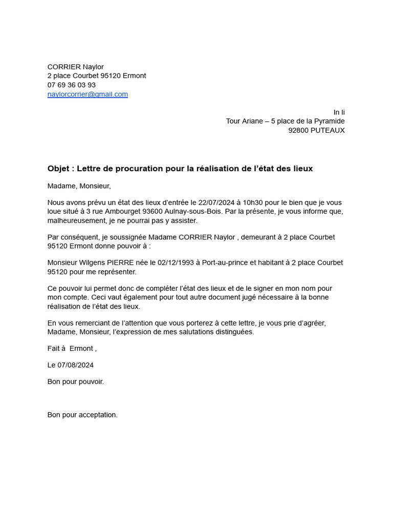 Lettre de Procuration État Des Lieux | PDF