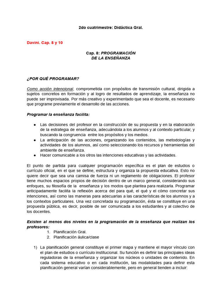 Resumen Cap 8 y 10 de Davini | PDF | Enseñando | Plan de estudios