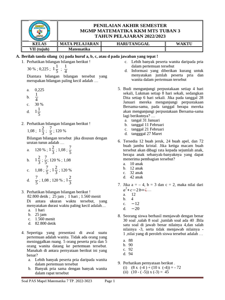 Layout Lembar Soal MTK 7 Fix | PDF