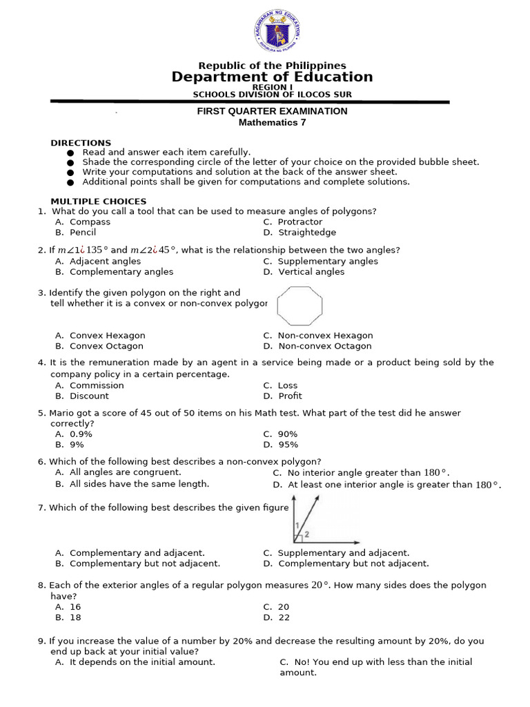 Math 7 Q1 Test - SANNY ORTEGA Jr. | PDF
