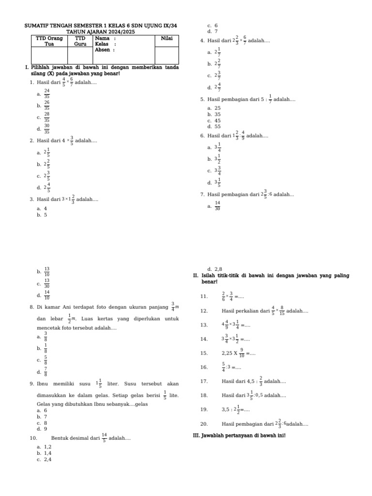 Soal Sts MTK Kelas 6 | PDF