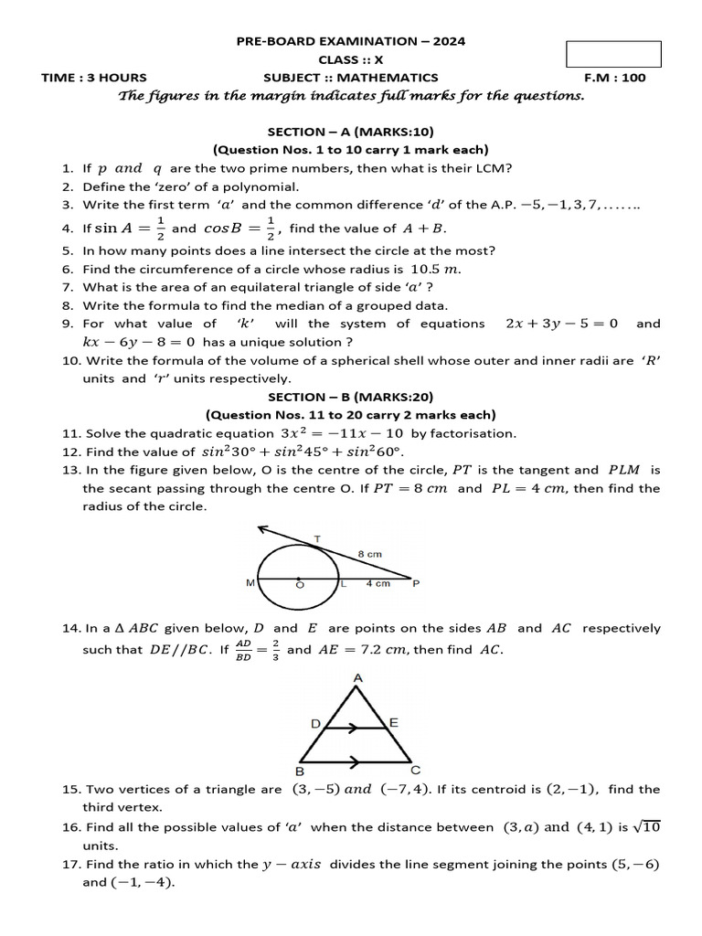 Class X Mathematics Pre-Board Exam 2024 | PDF | Circle | Area