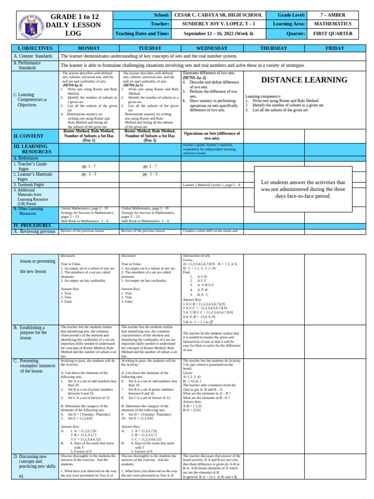 GRADE 1 To 12 Daily Lesson LOG: Distance Learning | PDF