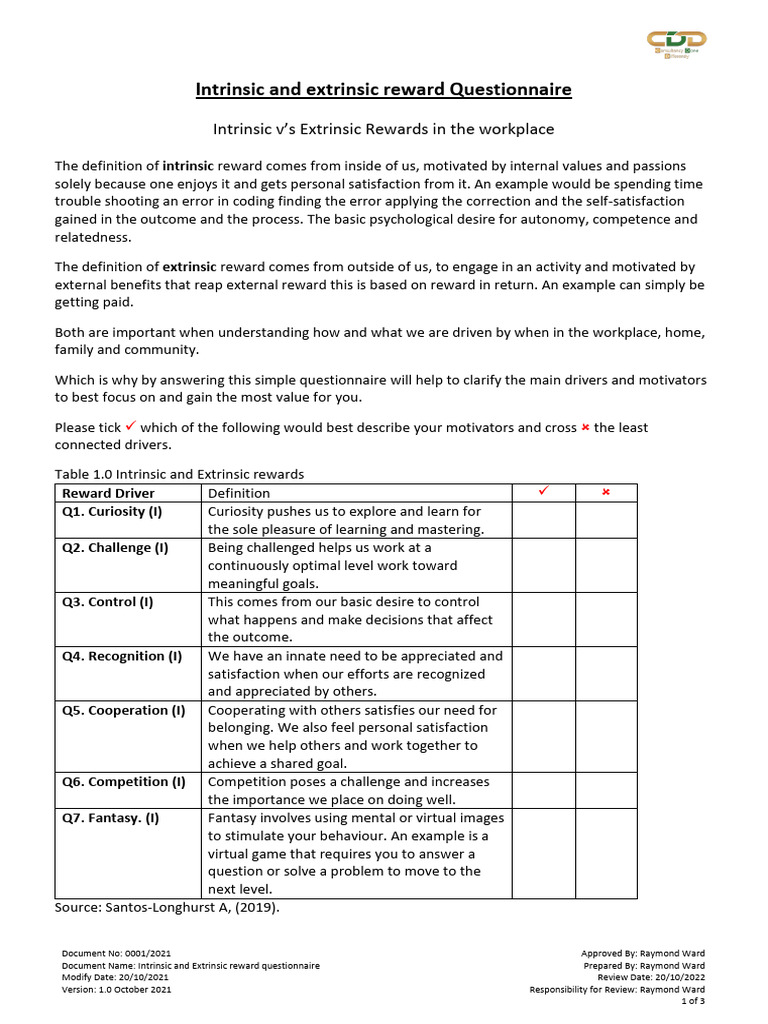 Intrinsic and Extrinsic Reward Questionnaire Form | PDF