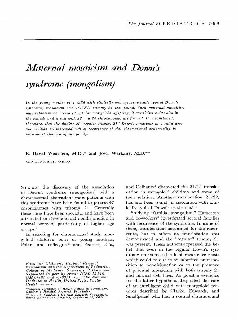 Maternal Mosaicism and Do N's Syndrome (Mongolism) : E. David Weinstein ...
