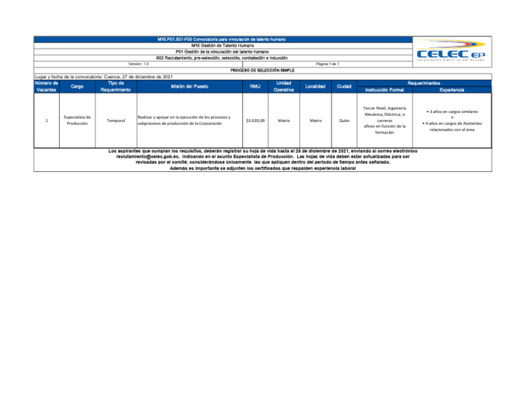 Proceso de Selecci N Simple CELEC EP MATRIZ 1640719050 | PDF
