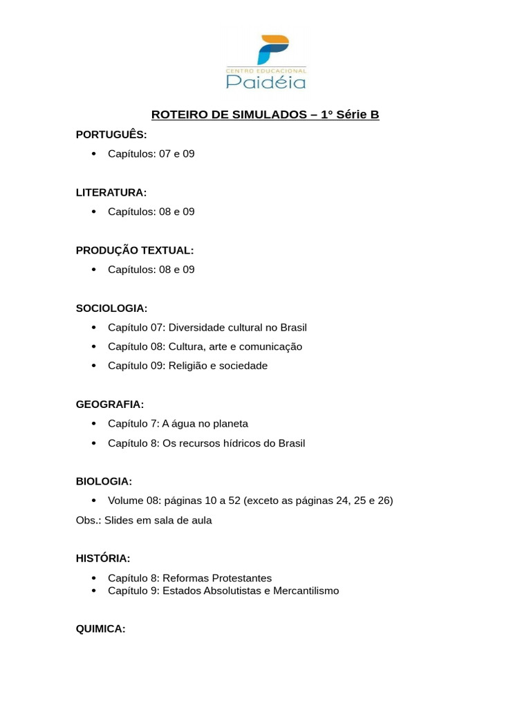 Roteiro de Provas 1º Série B | PDF