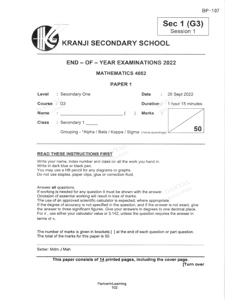 Kranji Secondary EOY 2022 Sec 1 Math Group 3 | PDF