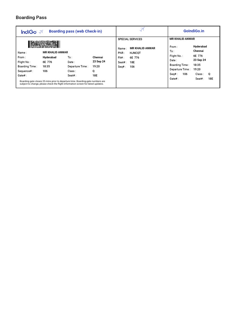 Indigo Boarding Pass Sample Template | PDF