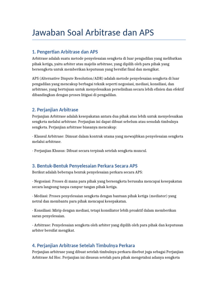 Jawaban Soal Arbitrase Dan APS | PDF