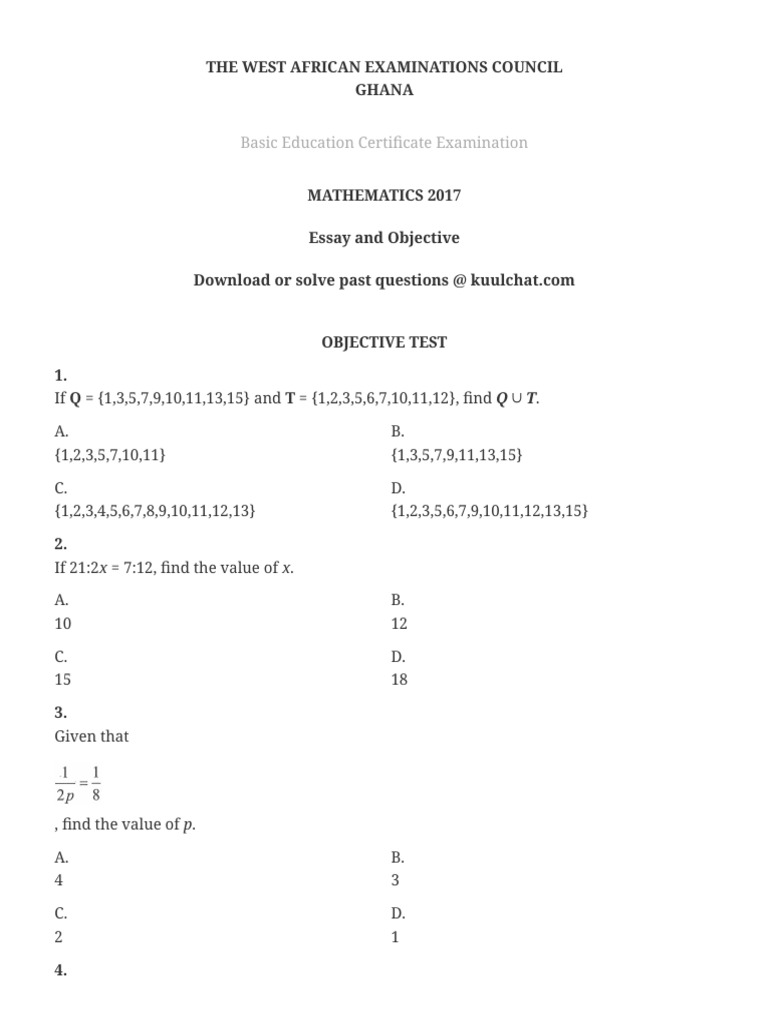 BECE 2017 Mathematics Past Questions | PDF | Triangle | Perpendicular