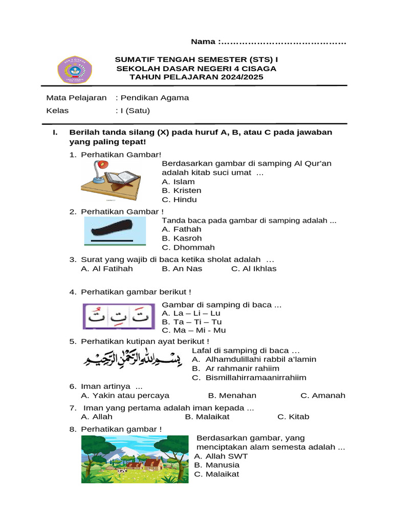 STS 1 PAI KELAS 1 2024 KURMER - Docx SAIDIH | PDF