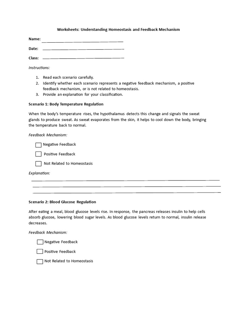 Worksheets: Understanding Homeostasis and Feedback Mechanism Name: Date ...